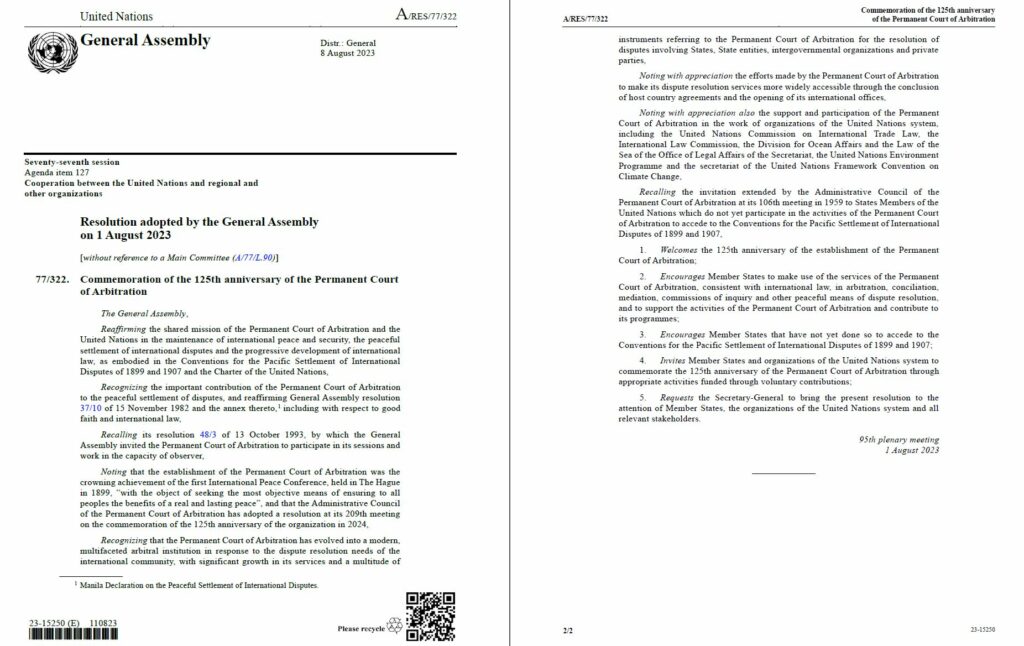 Adoption of the United Nations General Assembly Resolution on the 125th ...